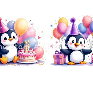 Penguin Birthday Party Clipart, 20 Penguin With Birthday Cake Balloons ...