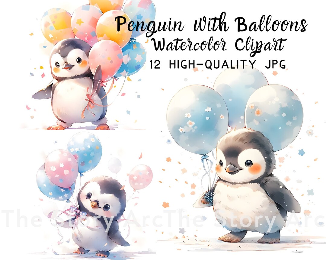 Penguin With Balloons Clipart, 12 High Quality JPG, Penguin Sublimation ...