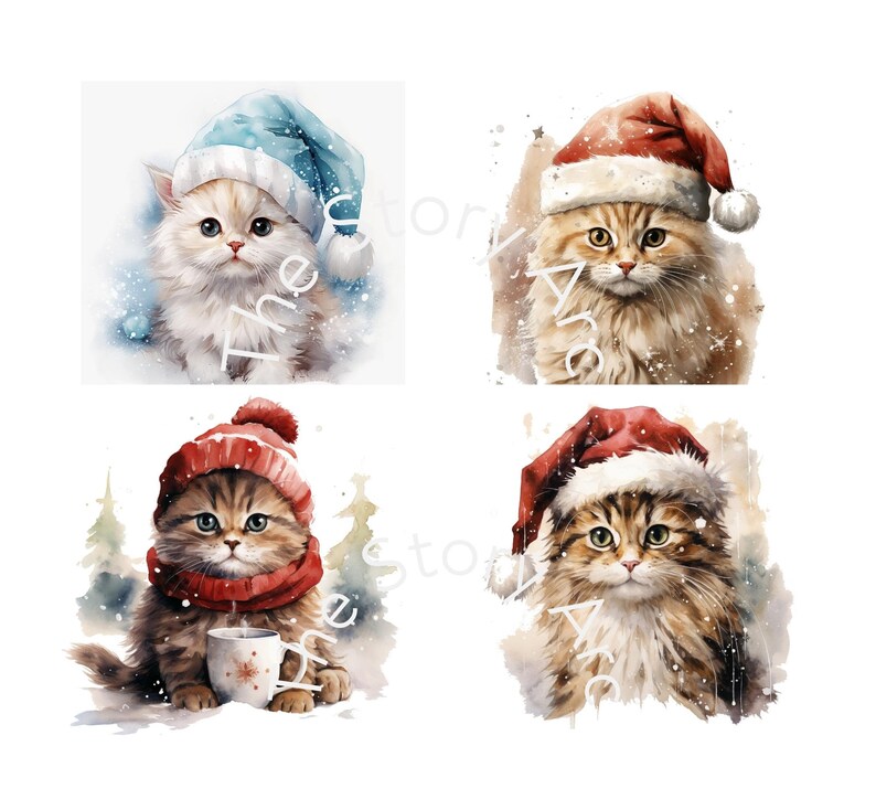 20 Cat Santa Hat Clipart Watercolor Christmas Clipart Cat - Etsy