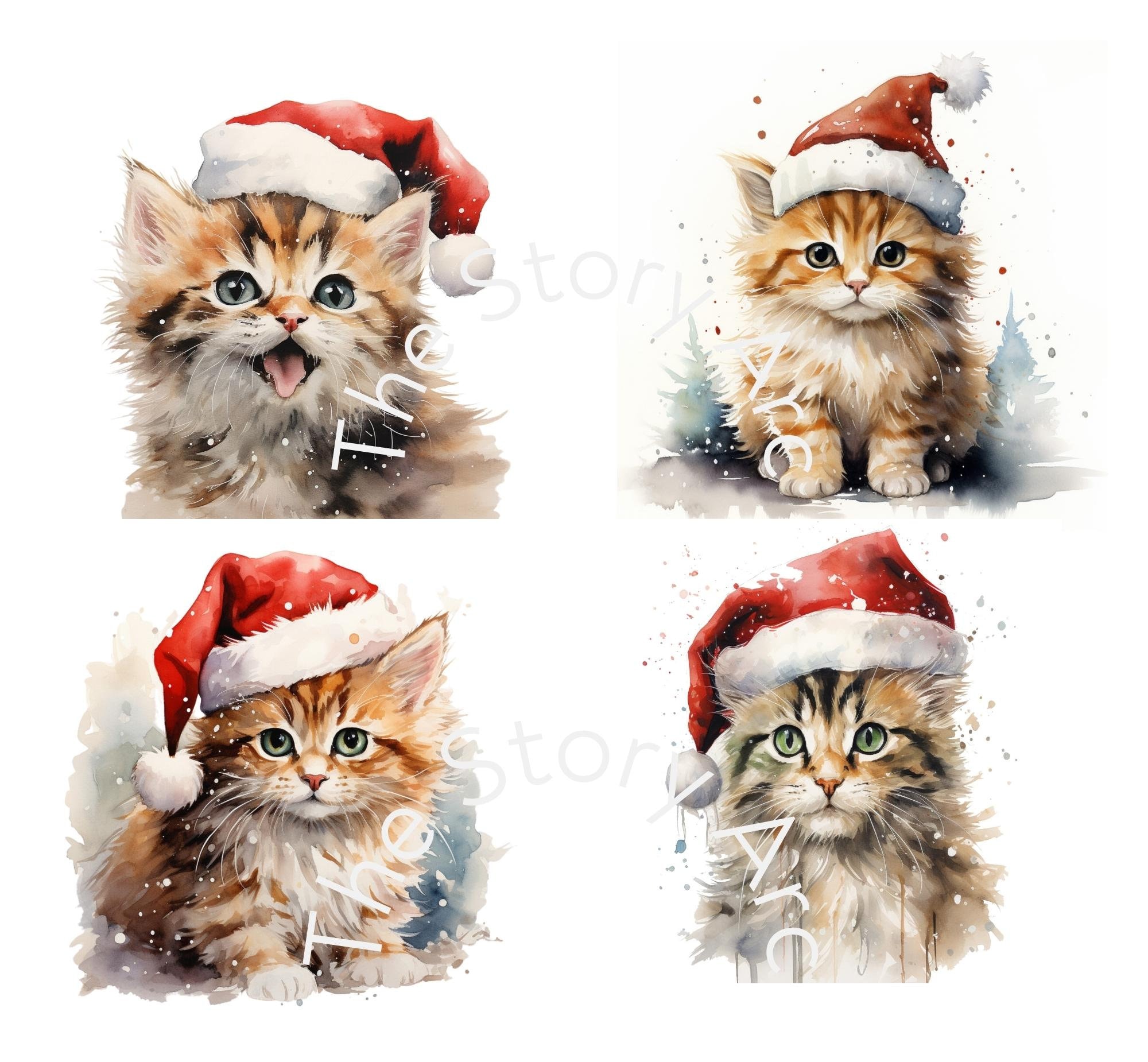 20 Cat Santa Hat Clipart, Watercolor Christmas Clipart, Cat JPG, Cute ...