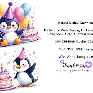 Penguin Birthday Party Clipart, 20 Penguin With Birthday Cake Balloons ...
