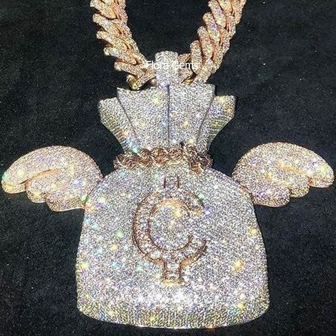 Iced Out Money Bag Pendant, Shiny VVS Moissanite Pendant, Wing Charm ...