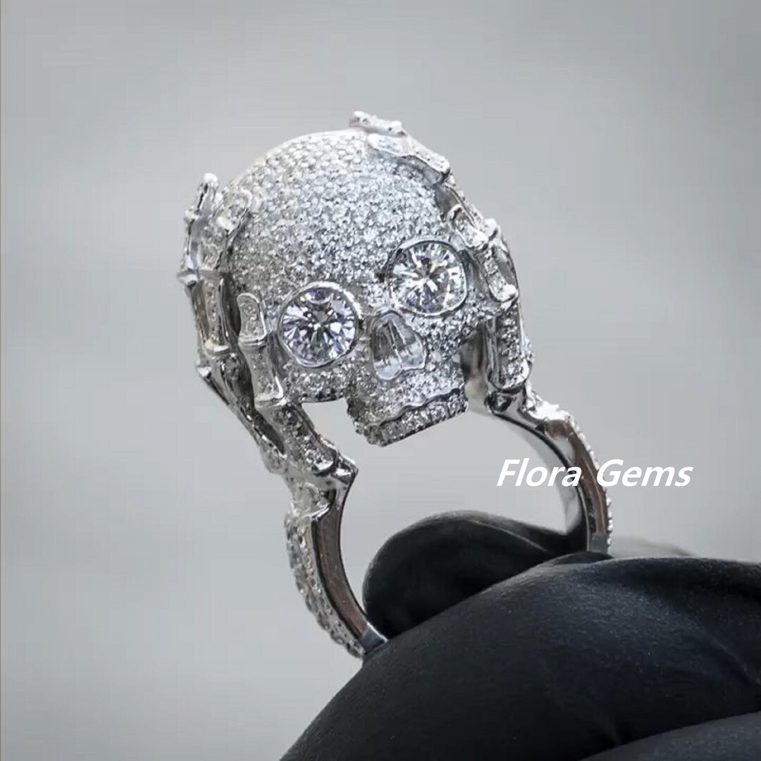 Men's Moissanite Skull Ring, Custom Hip Hop Ring, 14k White Gold Finish ...