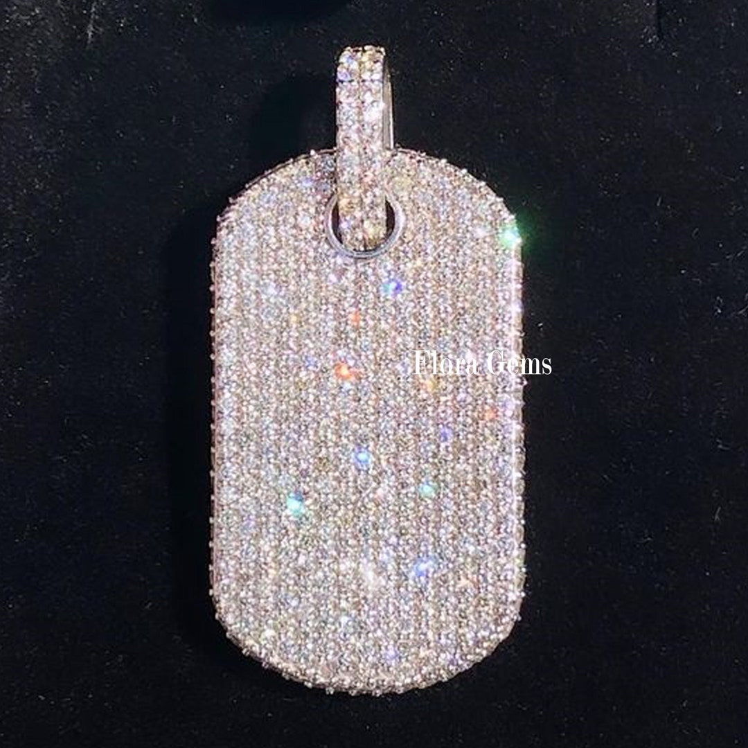Unisex Iced Out Dog Tag Pendant, VVS Moissanite Jewelry, Pure 925 ...