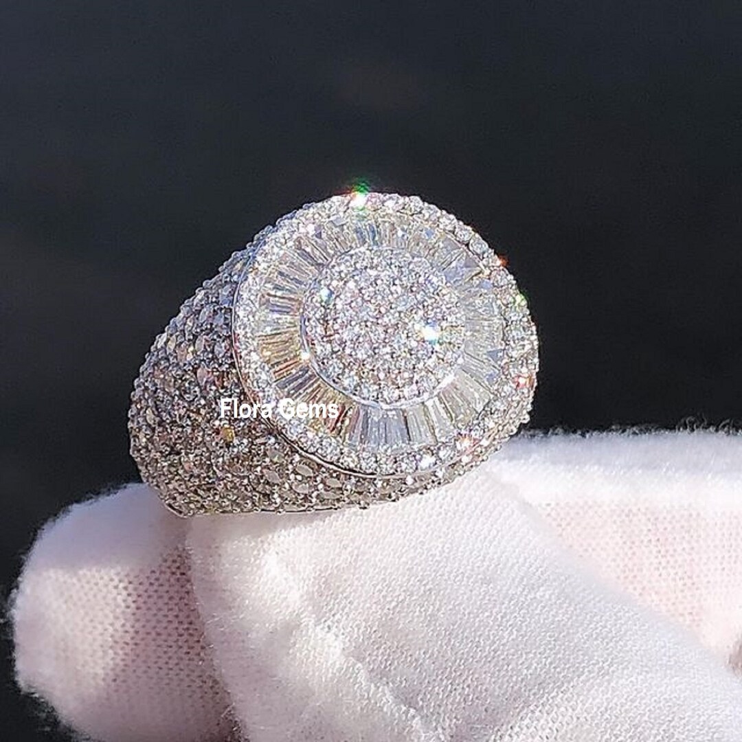 Men's Moissanite Ring, Custom Baguette Ring, 14k White Gold Finish, Hip ...