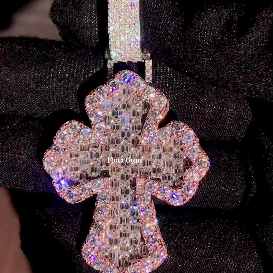 Custom Made Men Round & Baguette Cross Pendant, Ice Out Shiny Cross ...
