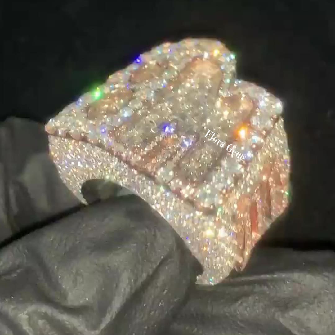 Hip Hop Round & Baguette Moissanite Ring, Shiny Logo Ring, Custom Lucky ...