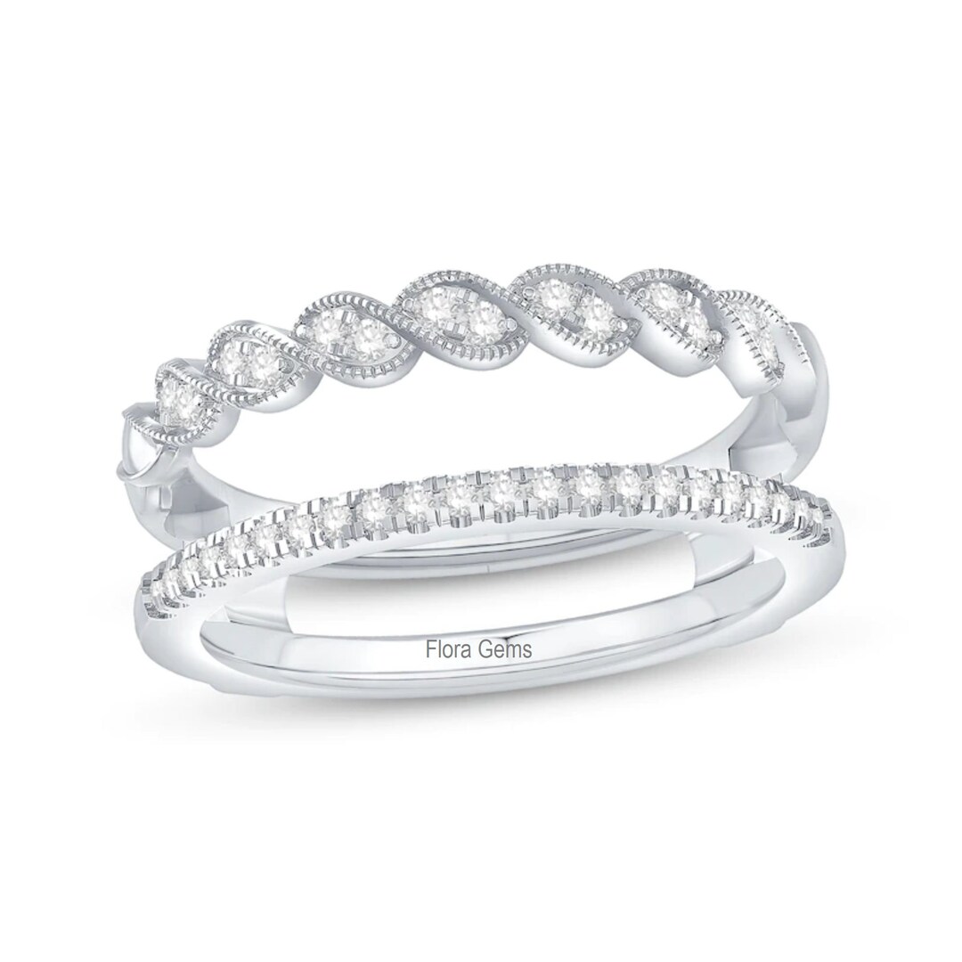 Diamond Milgrain Enhancer Ring Set, Engagement Wedding Wrap Ring Guard ...