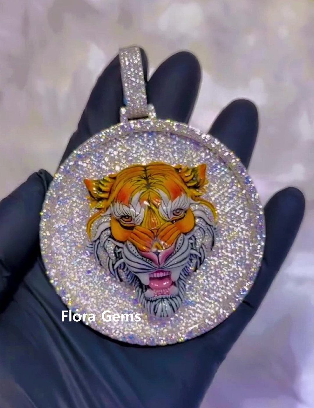 Enamel 3D Tiger Face Pendant for Men, Iced Out Circle Pendant, VVS ...