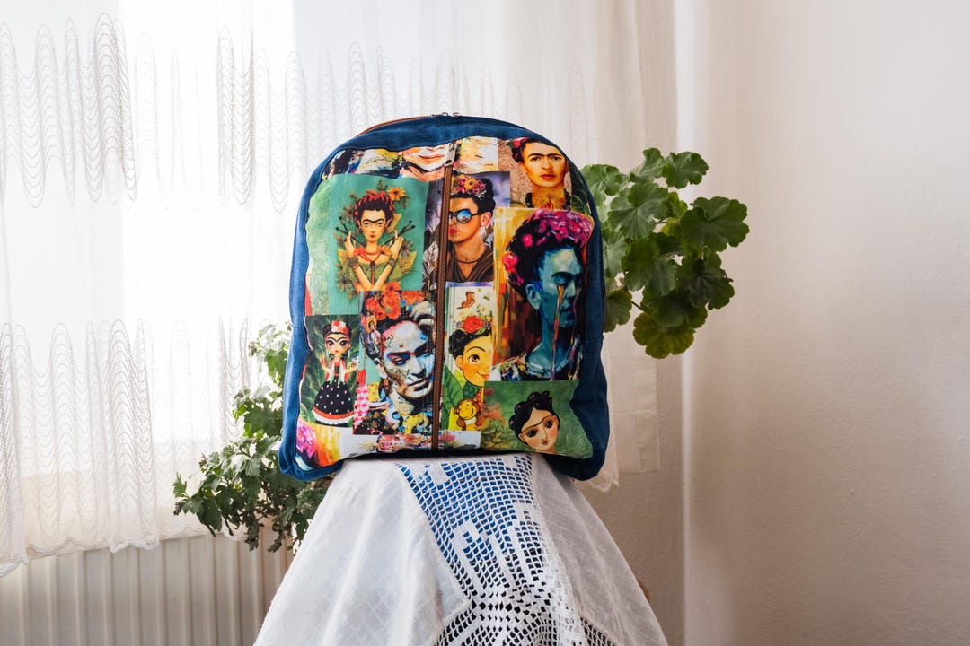 Handmade Denim Backpack With Frida Print, Travel School Bag - Etsy