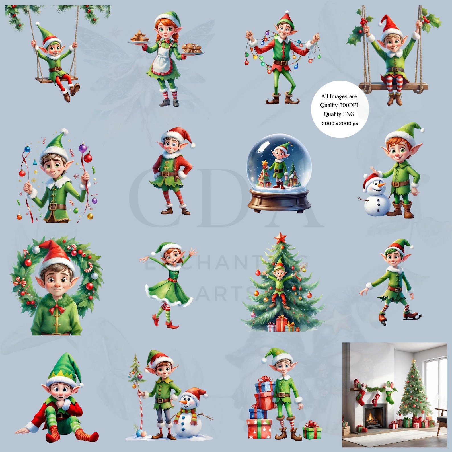 Christmas Cartoon Elves Clipart PNG Set | Holiday Watercolour Festive ...
