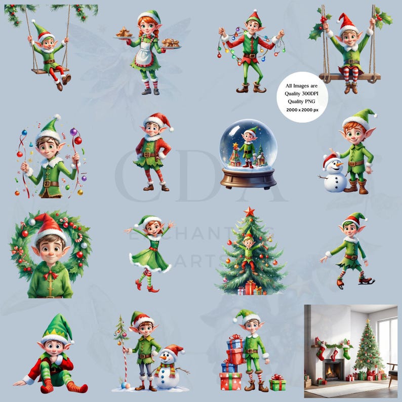 Christmas Cartoon Elf Clipart PNG Bundle | Watercolour Festive Elves ...