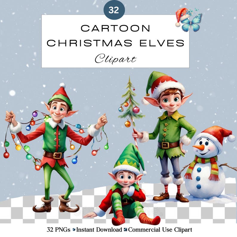 Christmas Cartoon Elves Clipart PNG Set | Holiday Watercolour Festive ...
