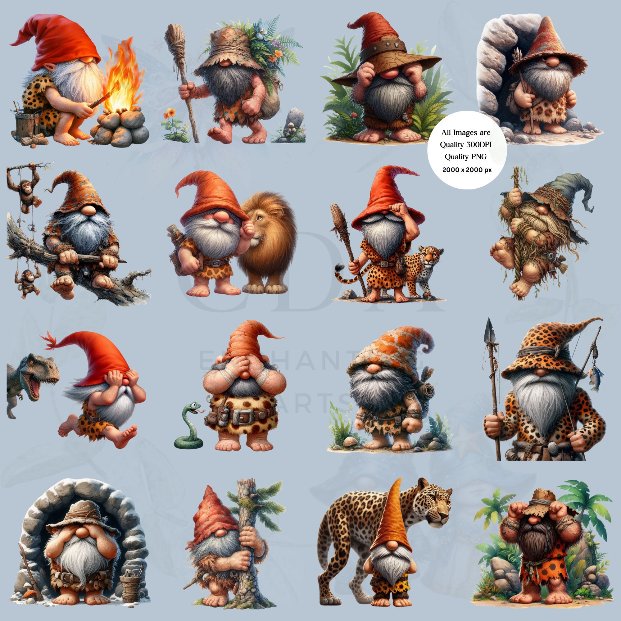Cute Caveman Clipart PNG Set | Watercolour Jurassic Jungle Gnomes ...