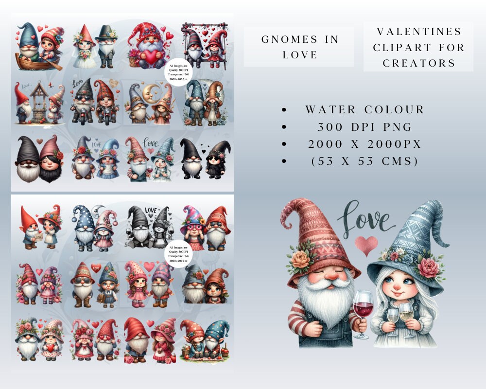 94 Valentines Gnome Clipart Bundle PNG and JPG Gnomes in Love ...