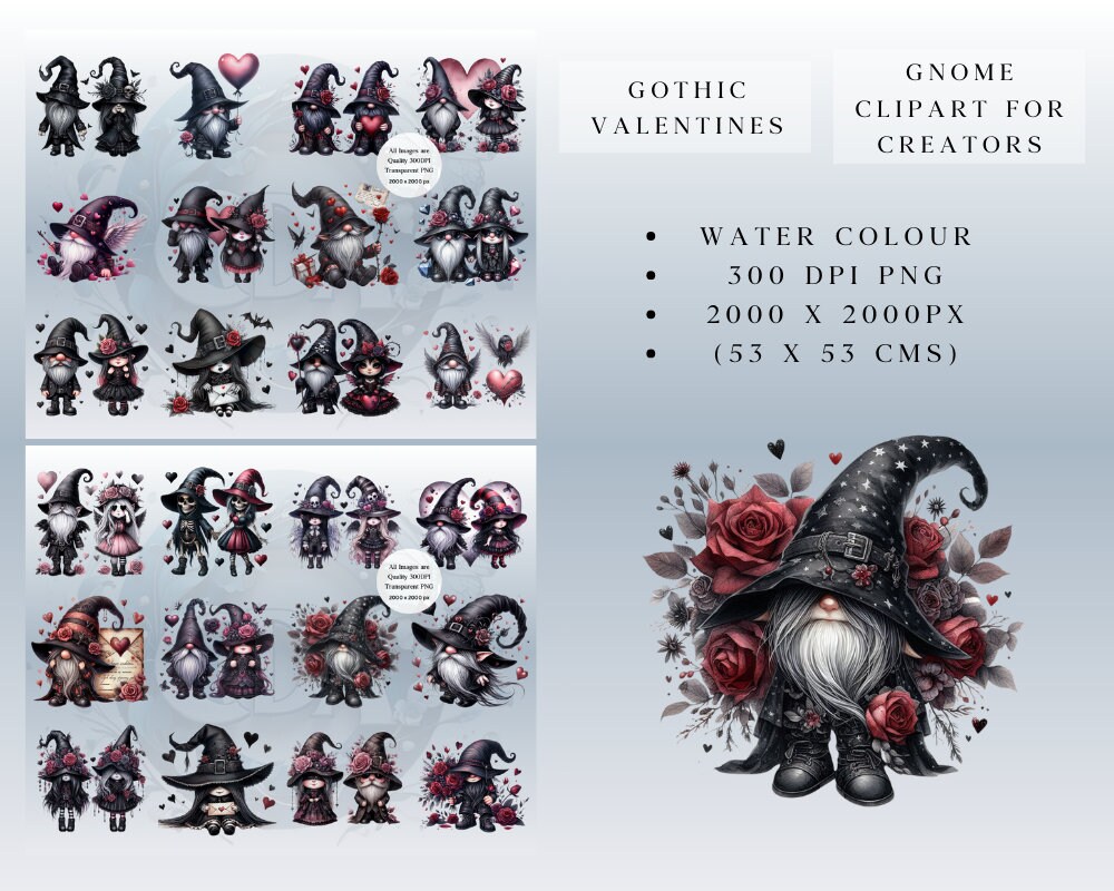 72 Gothic Valentine Gnomes Clipart PNG Bundle Romantic Gnomes ...