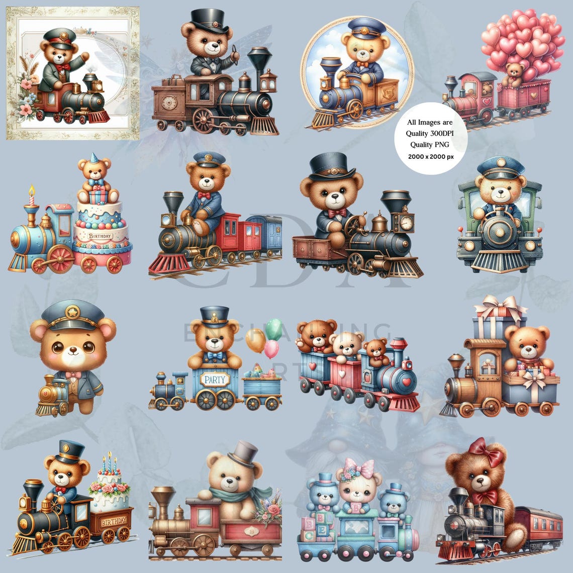 Cute Teddy Bear Train Clipart PNG | Watercolour Invitation Nursery ...
