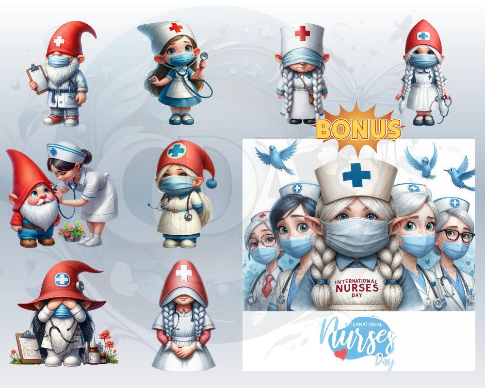 Nurse Gnome Clipart Bundle International Nurses Day Watercolor PNG ...