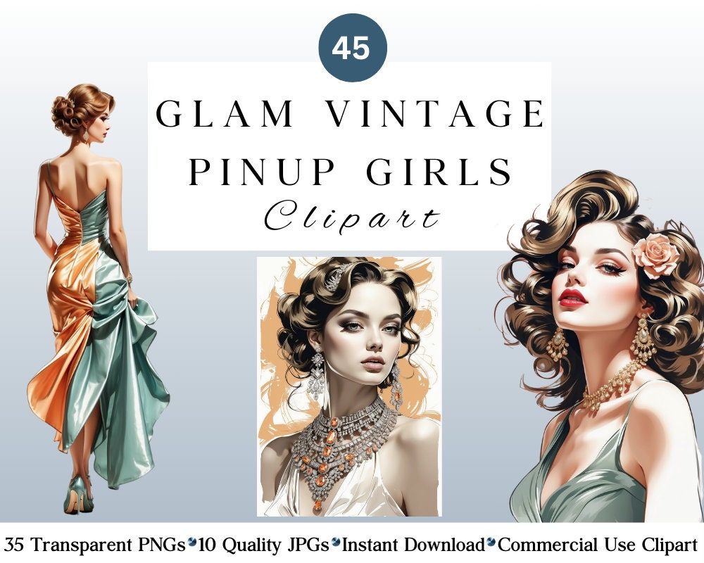 45 Glam Vintage Pinup Girls Clipart | Retro Fashion Models | 10 JPG ...