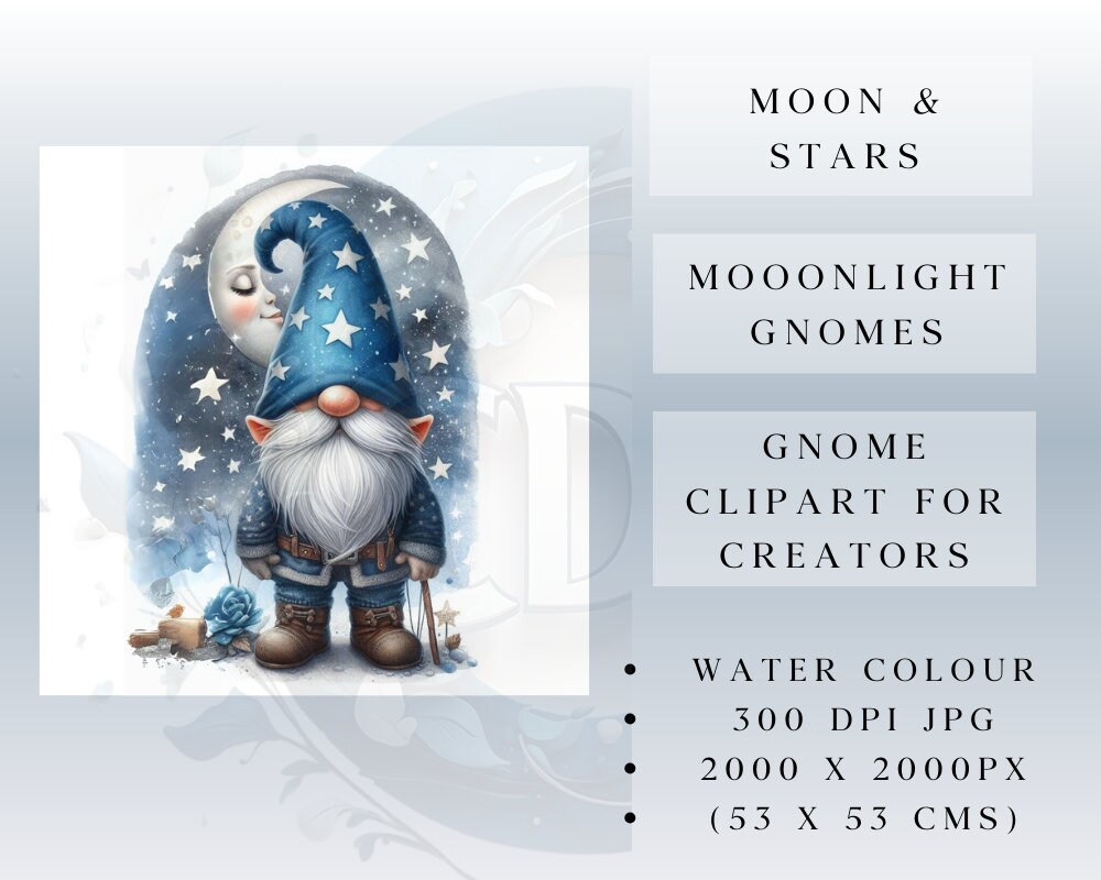 Moon and Stars Gnome Clipart JPG | Moonlight Gnomes | Watercolour ...