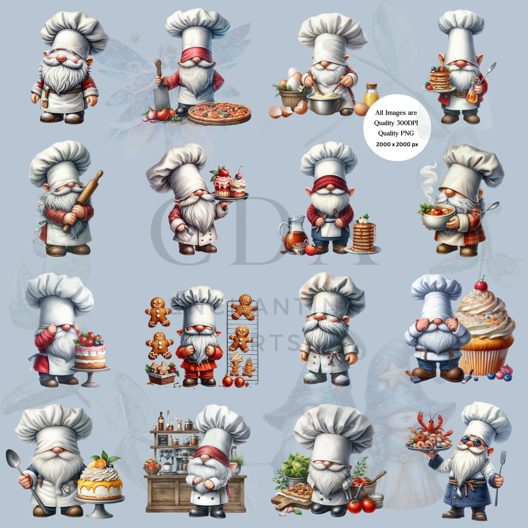 Cute Chef Gnome Clipart PNG Bundle | Watercolour Cooking Food Gnomes ...