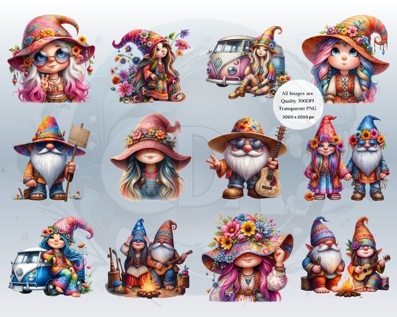 Hippie Gnome Clipart PNG Set | Watercolour 60s 70s Psychedelic Gnomes ...