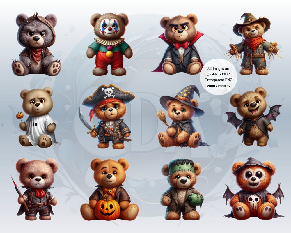Cute Halloween Teddy Bear Clipart PNG Set 2 Watercolour Teddy Bears ...