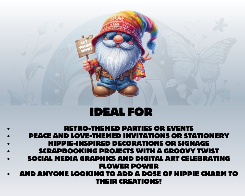 Hippie Gnome Clipart PNG Set 2 Watercolour 60s 70s Psychedelic Gnomes ...