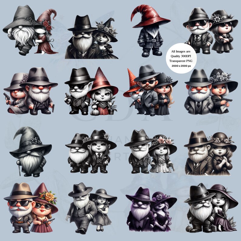 Noir Gnome Clipart PNG Bundle | Cute Watercolour Gangster | Detective ...