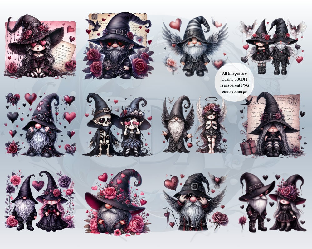24 Gothic Valentine Gnomes Clipart PNG Set 2 Romantic Gnomes ...