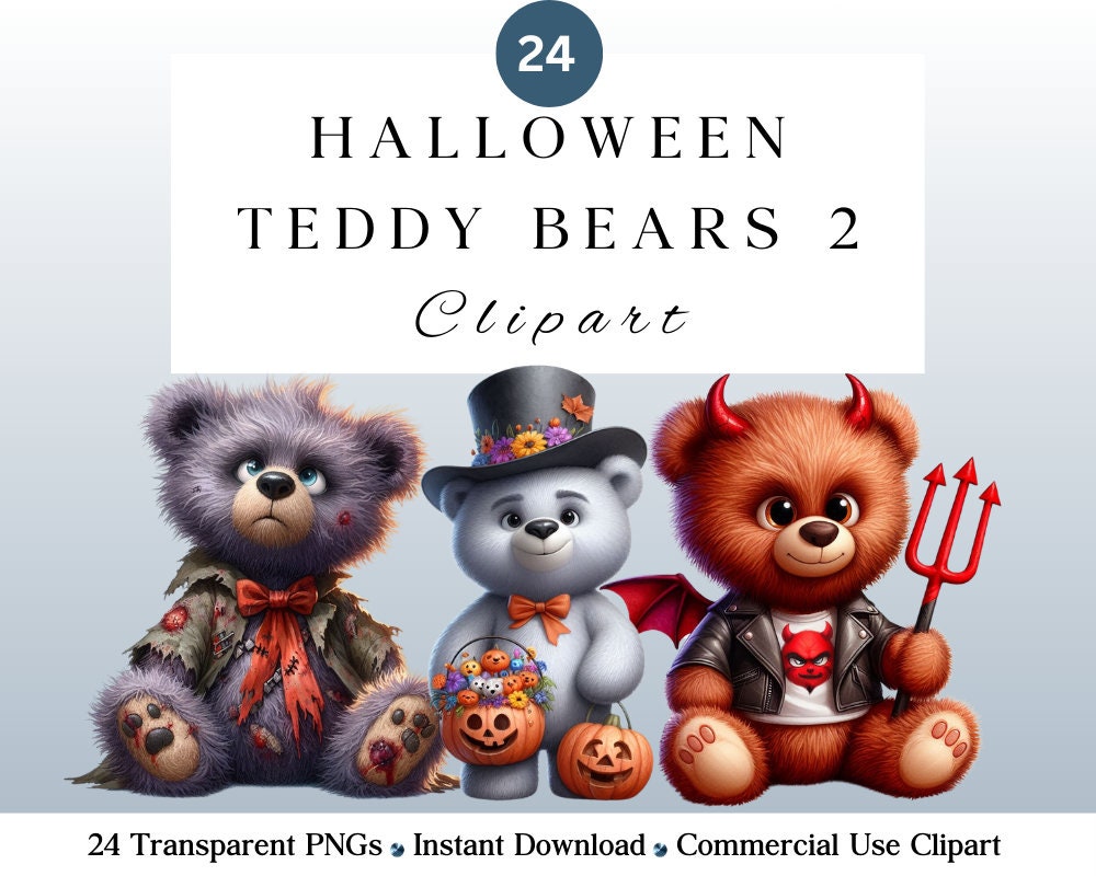 Cute Halloween Teddy Bear Clipart PNG Set 2 Watercolour Teddy Bears ...