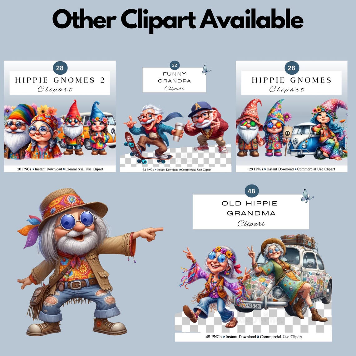 Funny Grandpa Hippie PNG Clipart Set | Cute Quirky Old Man Sublimation ...