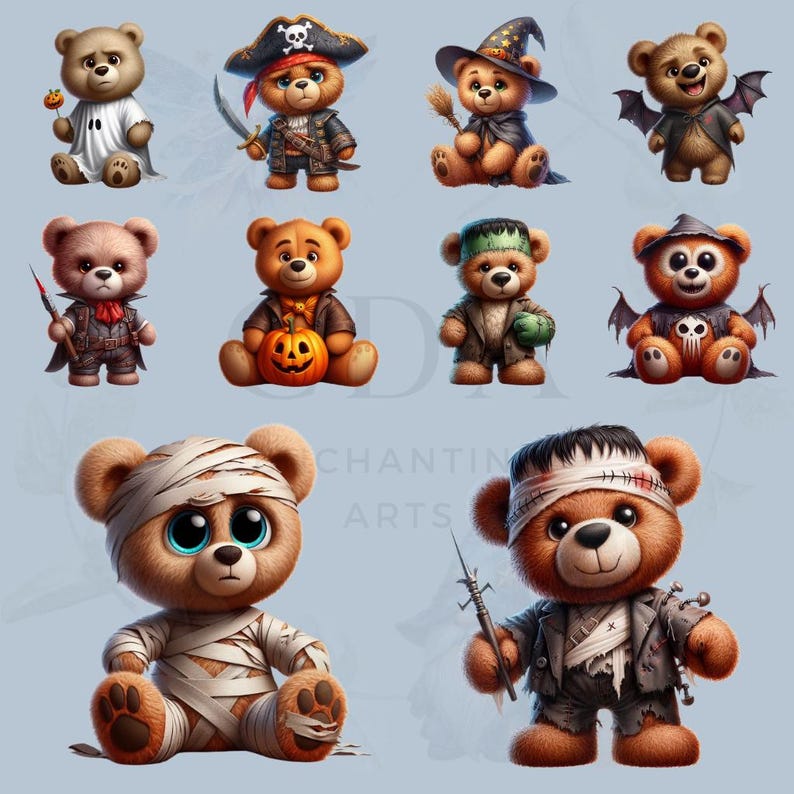 Cute Halloween Teddy Bear Clipart PNG Set 2 | Watercolour Teddy Bears ...