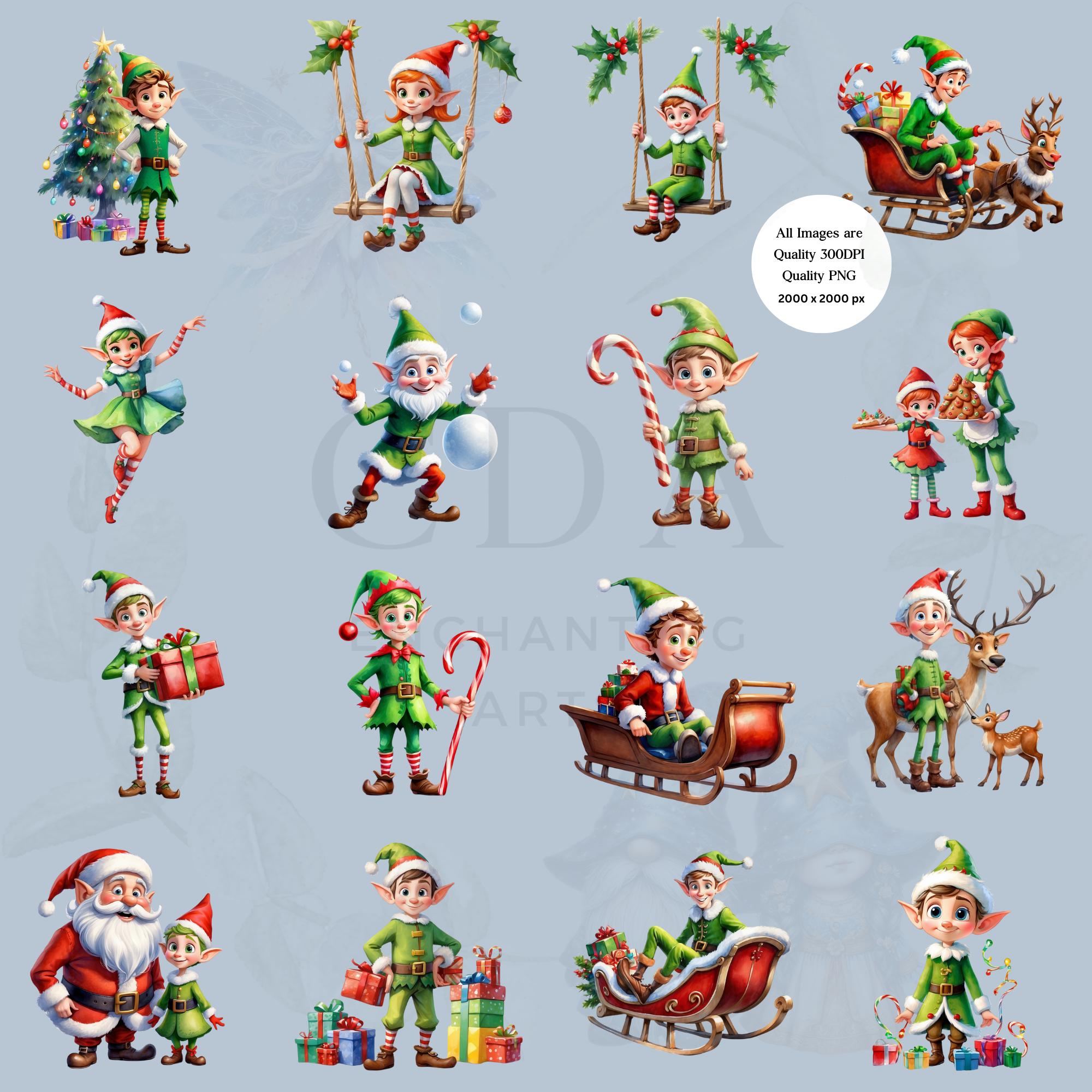 Christmas Cartoon Elves Clipart PNG Set | Holiday Watercolour Festive ...