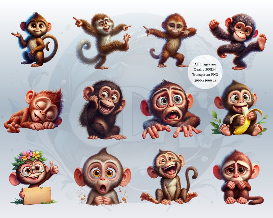 Funny Monkey Clipart Bundle | Cute Animal PNG Graphics for Creators ...