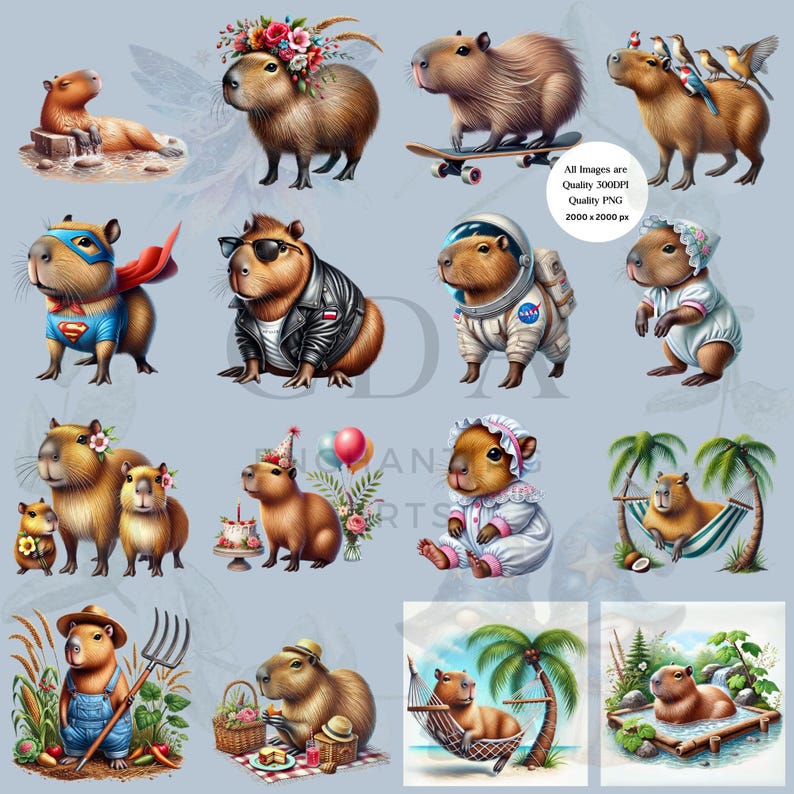 Whimsical Capybara Clipart PNG Bundle | Funny Animal | Cute Quirky ...