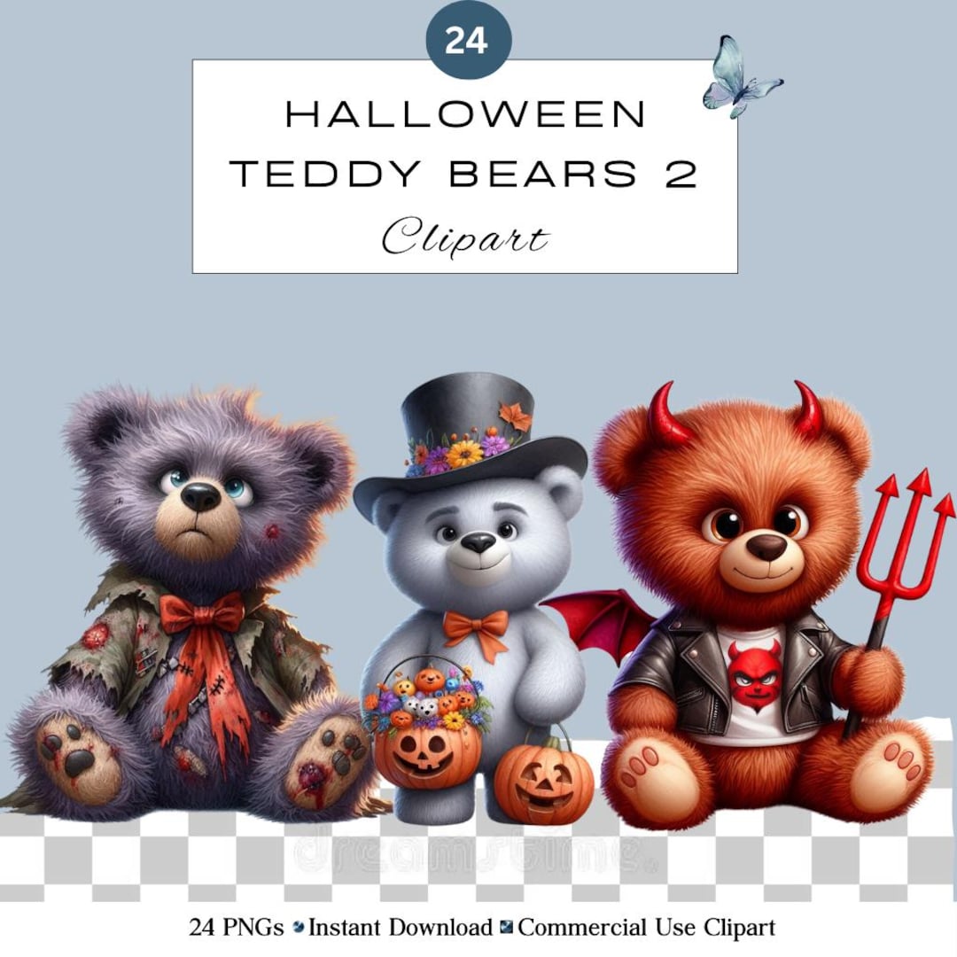 Cute Halloween Teddy Bear Clipart PNG Set 2 | Watercolour Sublimation ...