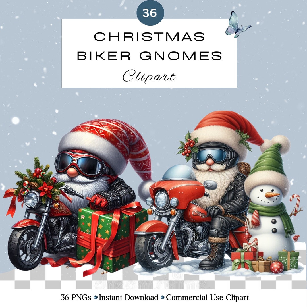 Christmas Biker Gnome Clipart Set 2 | Festive Transparent and White ...