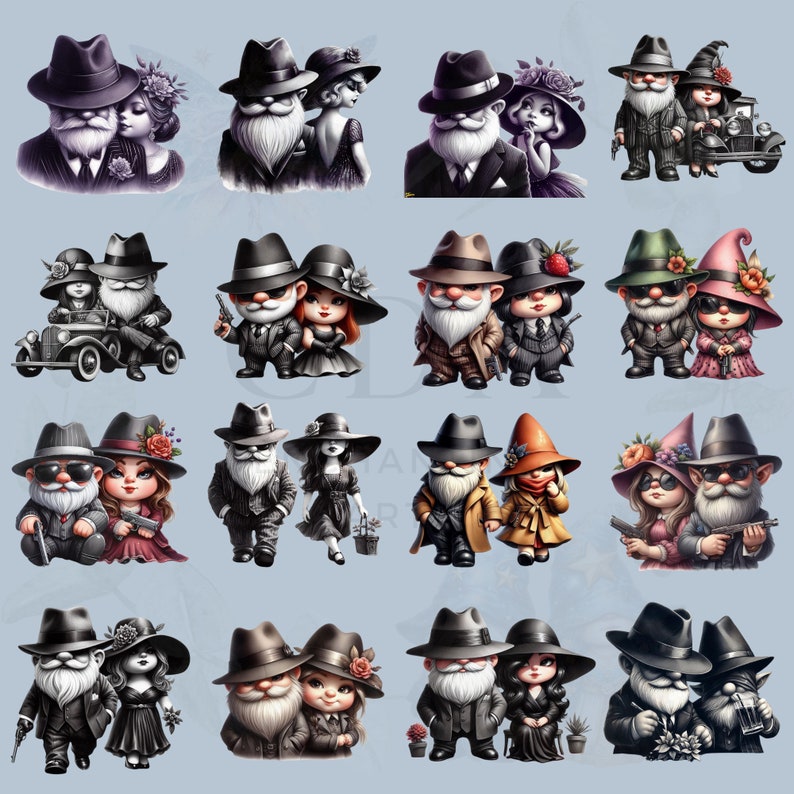 Noir Gnome Clipart PNG Bundle | Cute Watercolour Gangster | Detective ...