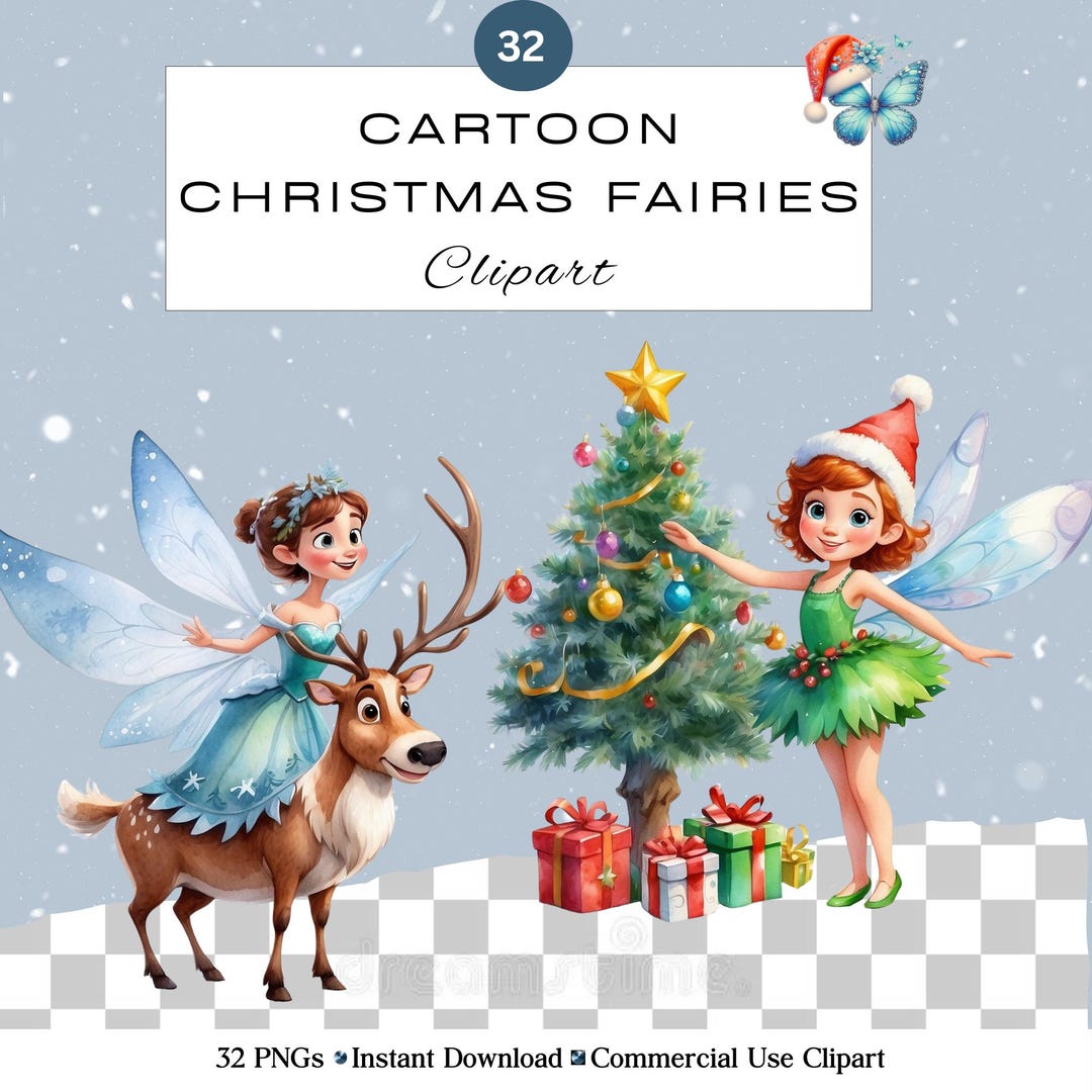 Christmas Cartoon Fairies Clipart PNG Set | Holiday Watercolour Festive ...