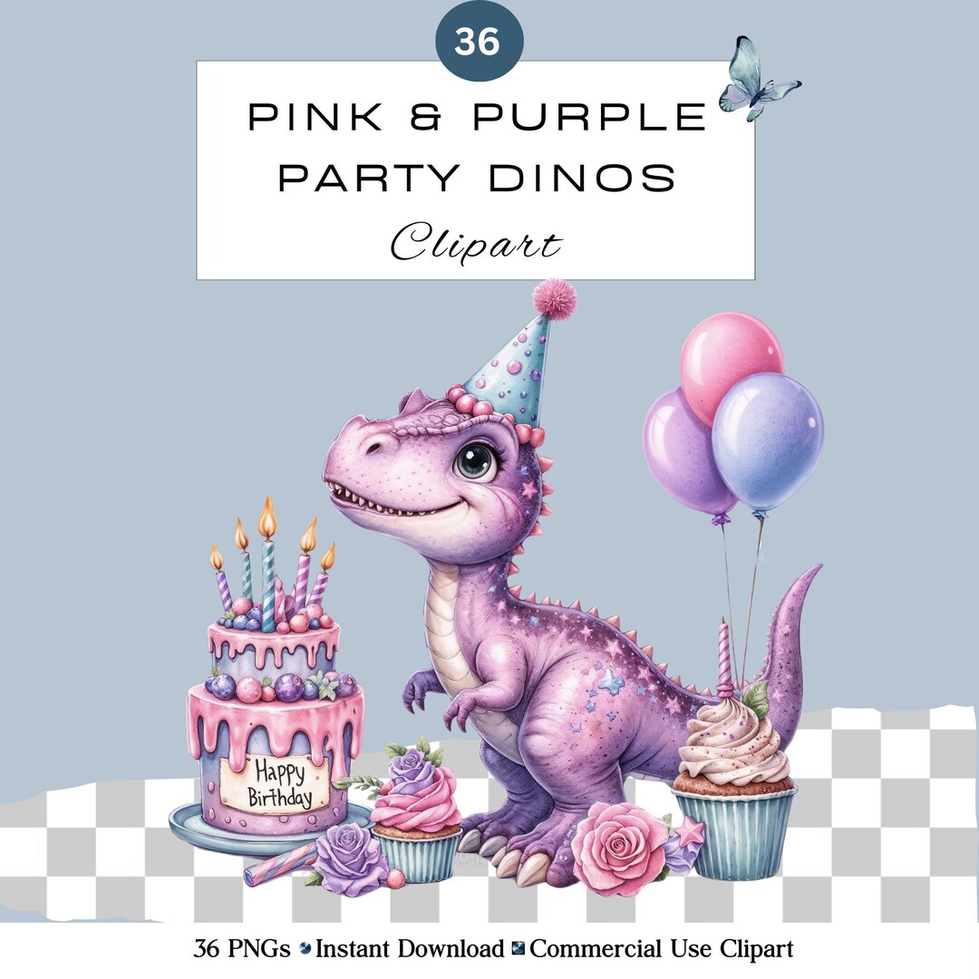Pink and Purple Dino Party PNG Clipart | Watercolour Birthday Dinosaur ...