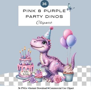 Pink and Purple Dino Party PNG Clipart | Watercolour Birthday Dinosaur ...