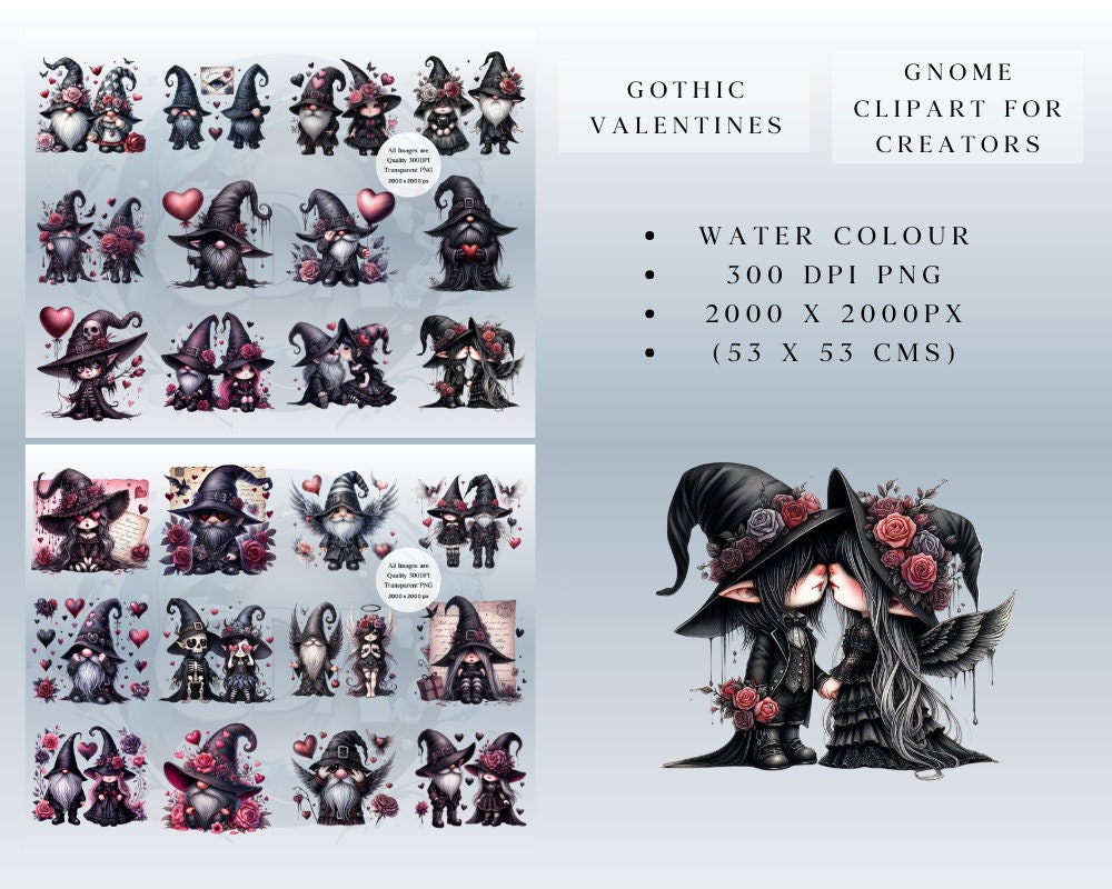 72 Gothic Valentine Gnomes Clipart PNG Bundle Romantic Gnomes ...