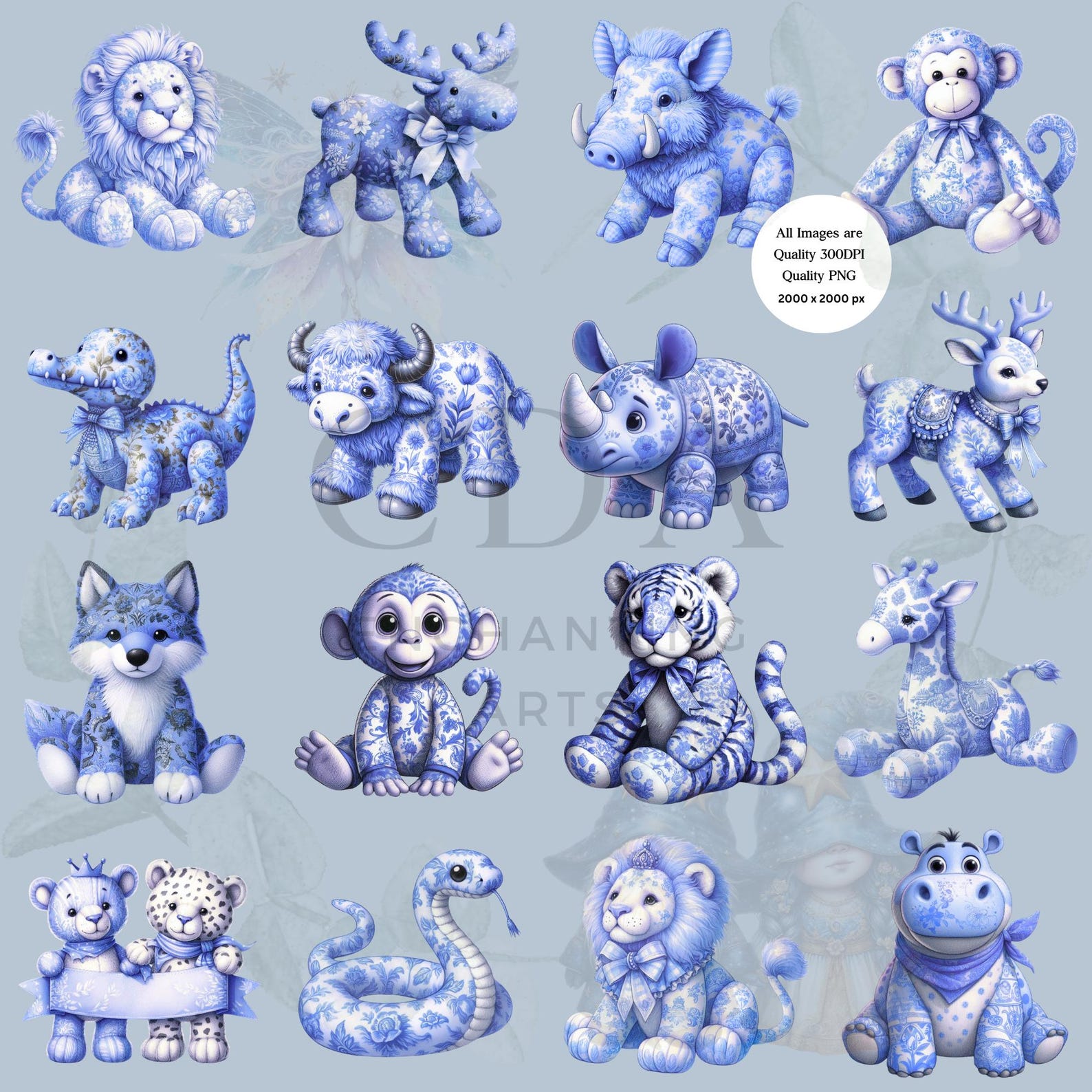 Blue Toile Safari Plush Toy Animals PNG Clipart Bundle | Nursery ...
