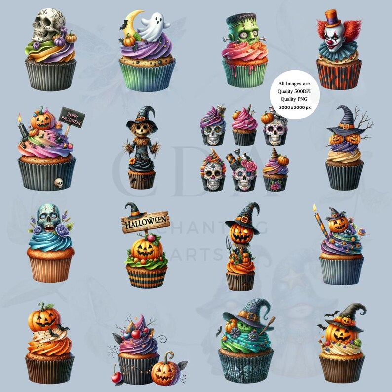 Halloween Cupcake Clipart PNG Set 2 | Watercolour Spooky Cake Topper ...