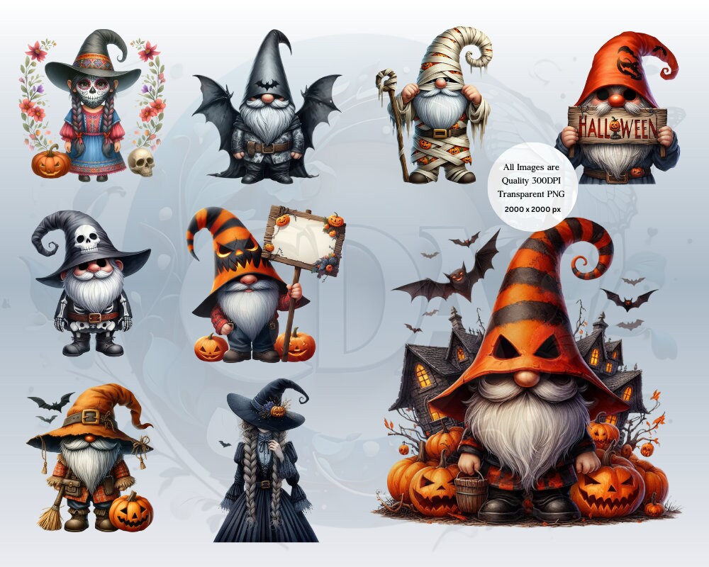 Cute Halloween Gnome Clipart 2 Whimsical Gnome Watercolor PNG Costume ...