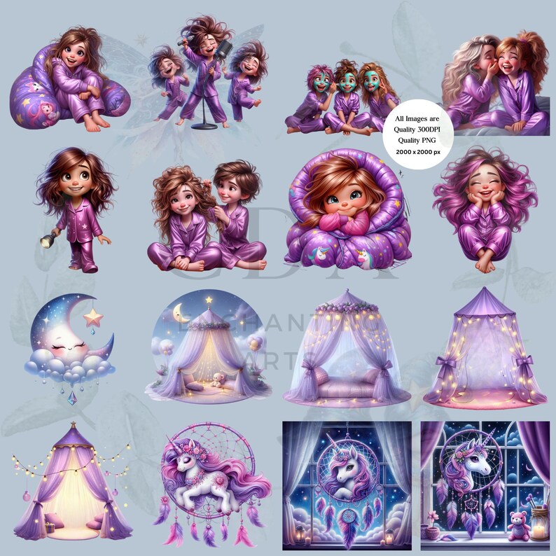 Girls Sleepover Clipart PNG Set | Watercolour Cute Quirky Funny | Junk ...