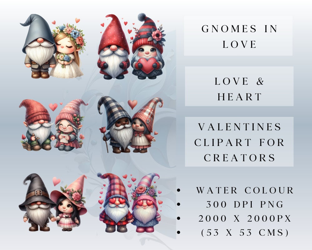 Valentines Gnomes Clipart PNG Set 2 Gnomes in Love Watercolour Gnomes ...