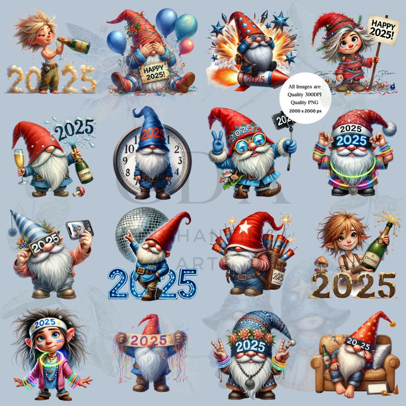 Cute 2025 New Years Eve Gnome Clipart PNG | Watercolourparty Gnomes ...