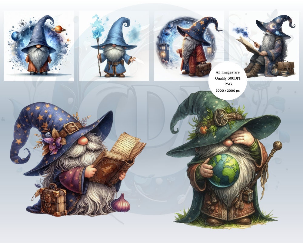 Adorable Wizard Gnome Clipart Set 2 Whimsical Gnome Watercolor PNG ...
